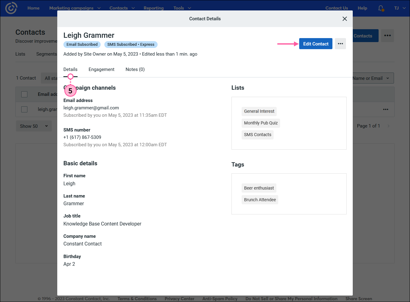 View and edit the contact record for an individual contact