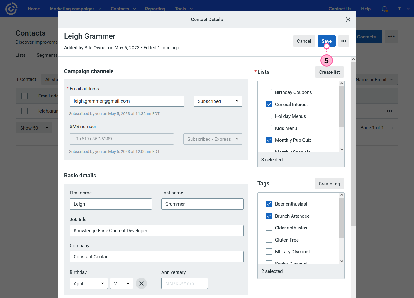 View and edit the contact record for an individual contact