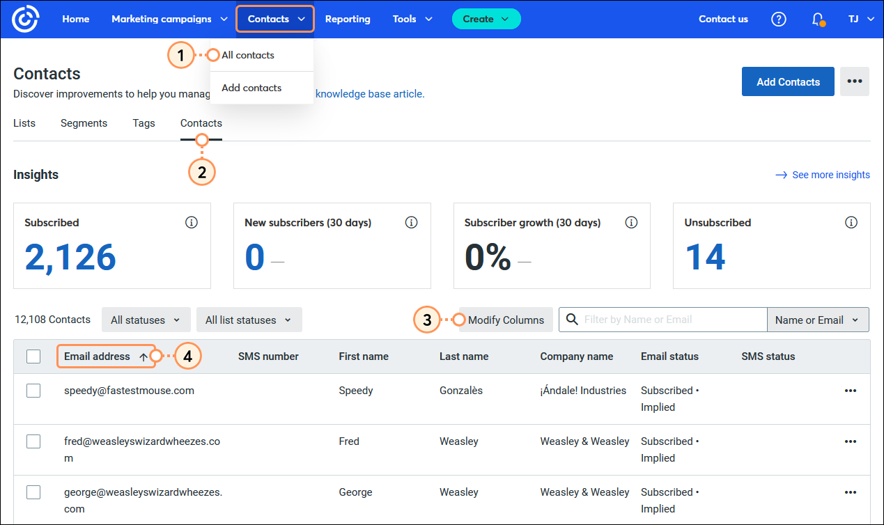 View all your contacts
