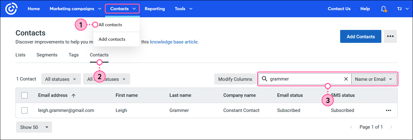 View and edit the contact record for an individual contact