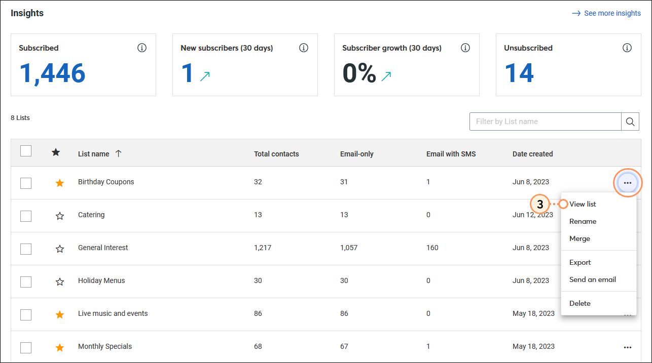 View and manage contacts on an individual contact list