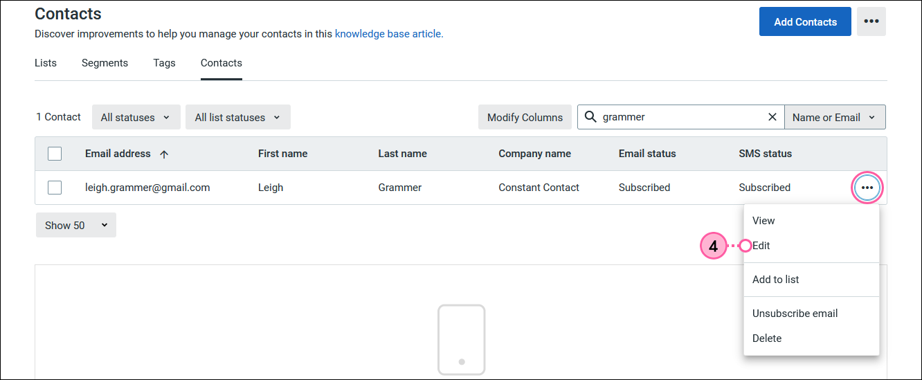 View and edit the contact record for an individual contact