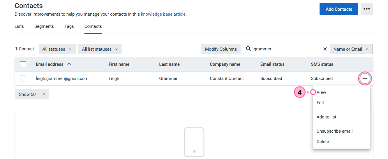 View and edit the contact record for an individual contact
