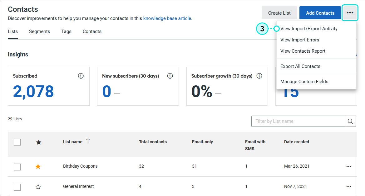 View your contact list import and export activity