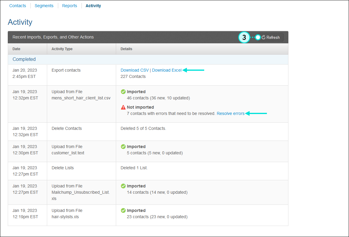 View your contact list import and export activity