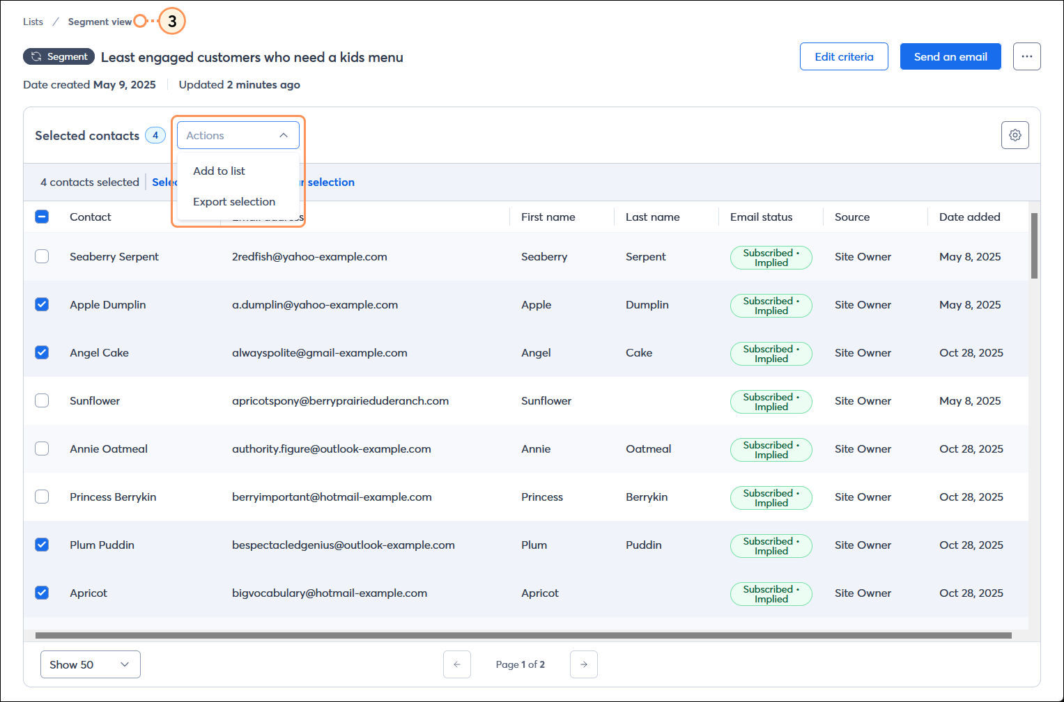 View all the contacts on a list or segment
