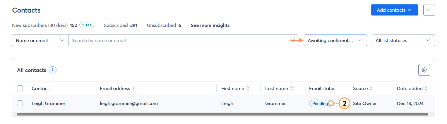 Contacts in the Awaiting Confirmation status