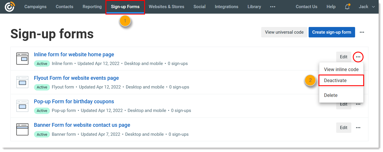 Activate or deactivate a sign-up form installed on your website