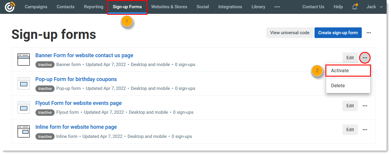 Activate or deactivate a sign-up form installed on your website