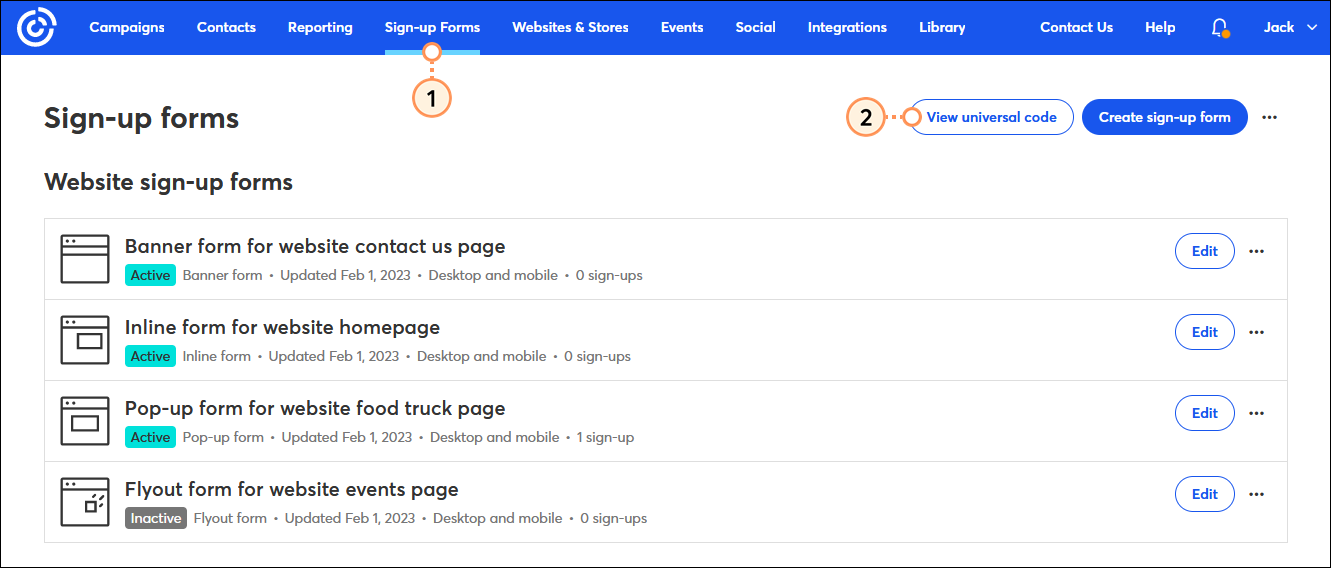 Install a contact sign-up form on a website