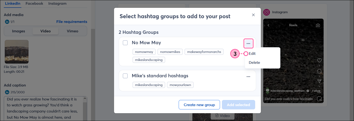 Create, manage, and delete hashtag groups for social posts