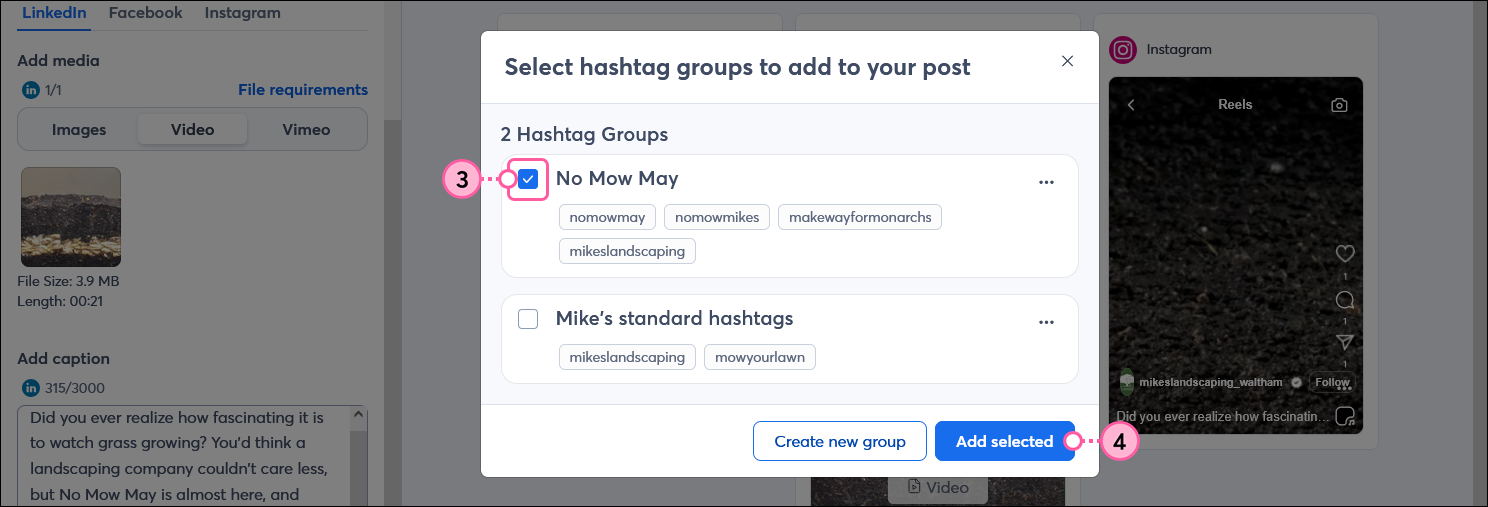 Create, manage, and delete hashtag groups for social posts
